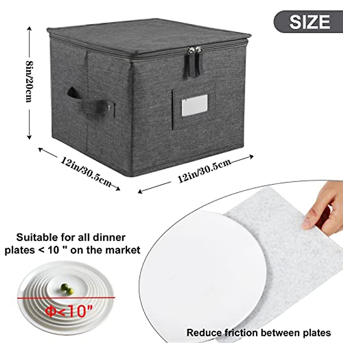 popoly China Storage Containers Inside 12" W x 8" H, Dinnerware Storage Box for Dishes Plate Storage with 24 Felt Dividers, Hold 24 Plates, Hard Shell and Stackable（4PACK
