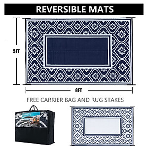 HUGEAR Outdoor Rug Mats, Large Waterproof Area Rug, Reversible Portable Outdoor Plastic Straw Carpet for RV Deck Camping Front Door Indoor Outside Porch Picnic (5x8ft Lantern Navy Blue&White)