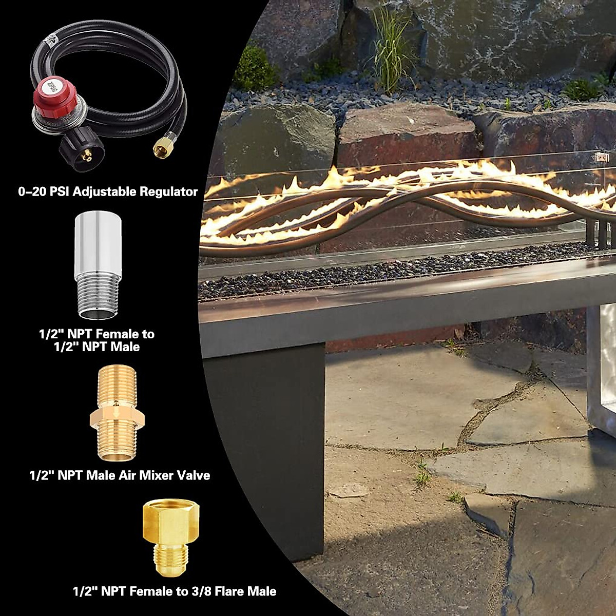 MOFLAME 4 Feet High-Pressure Propane 0-20 PSI Adjustable Regulator Hose Assembly with LP 1/2" Air Mixture Valve for Liquid Propane Fire Pits，Fireplace