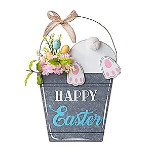 Glitzhome 18 Inch Wooden Easter Bunny Hanging Decoration,"Happy Easter" Rabbit Welcome Sign wood Bunny Eggs Easter Decorations for Door Home Garden Spring Party