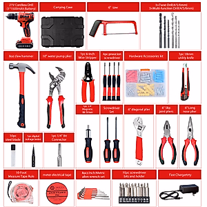 jar-owl 21V Max Cordless Drill/Driver Kit, Brushless, Tool Set with Drill and 112pcs Household Hand Tool Kit for Daily Home Repair, Red