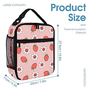 MINBHEBYUD Retro Pink Daisy Strawberry Fruit Lunch Bag for Men Women Adults, Insulated Lunch Bags for Office Work, Reusable Portable Lunch Bag
