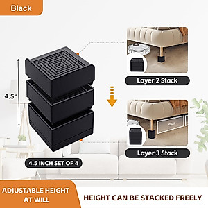 JONHWI Bed Risers, Furniture Raise Blocks, 2,3 or 4 inch Stilts Heavy Duty for Bed Couch Desk Sofa Table Lifts, Furniture Legs Lifters Support up to 1300 Lbs (Black, 4 Pack Set)