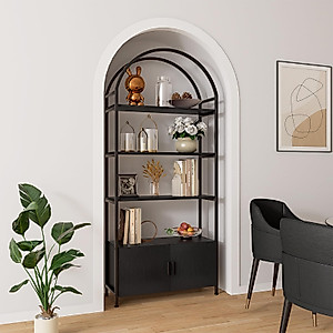 Jehiatek Arched Bookshelf, Bookcase with Doors Storage, 71 Inches Tall Industrial Book Shelf with Sturdy Metal Frame, E1 Quality Boards, Freestanding Display Shelving Unit, Black