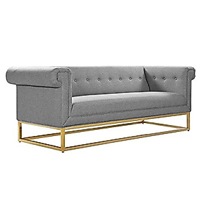Iconic Home Palmira Sofa Button Tufted Linen-Textured Plush Cushion Brass Finished Brushed Metal Base Frame, Modern Transitional, Grey