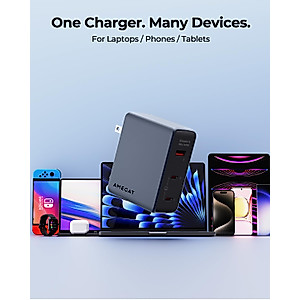 AMEGAT 140W USB C Charger, PD3.1 PPS 3-Port Fast GaN III Laptop Wall Charger, Foldable Plug Power Adapter for MacBook Pro 16'', Dell XPS, iPad Pro, iPhone 15 Pro, Galaxy, Chromebook(with 240W Cable)