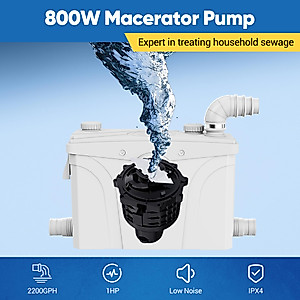 800W Macerator Pump, Macerating Pump for Basement with 4 Water Inlets for Macerator Toilet System
