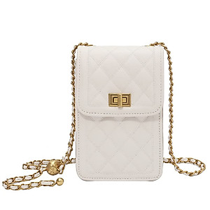 Seagloca 7.9“ Women PU Leather Quilted Crossbody Bag Shoulder Bag Phone Wallet Purse Chain Bag Clutch (White)