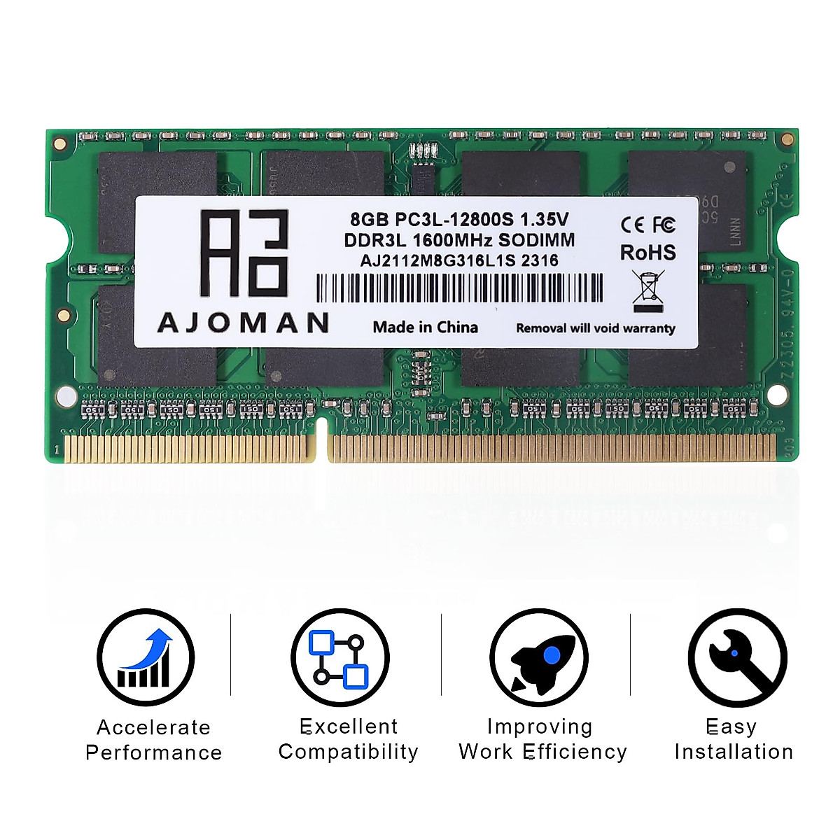 AJOMAN 16GB Kit (2x8GB) PC3L-12800S DDR3L 1600MHz Laptop Ram Non-ECC Unbuffered 1.35V DDR3 SODIMM CL11 2Rx8 Dual Rank Notebook Memory