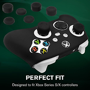 Fosmon Non-Slip Skin Protective Case Cover Compatible with Xbox Series X/S Controller (2 Pack - Black), Sweat Proof Silicone Rubber Gel Skin with 8 Thumb Grips Analog Cap
