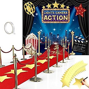 6 x 5 ft Movie Theme Photography Backdrop Red Carpet Party Decorations Runner Red Carpet Runner 2.6 x 15 ft with Carpet Tape and 24 Pieces 8 Inch Gold Star Paper Cutouts for Party Decoration Supplies