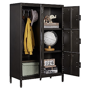 BYNSOE Metal Locker Storage Cabinet, 55.11” Employees Locker Wardrobe Industrial Steel Storage Cabinet with Hanging Rod Bar, Shelves and 4 Lockable Doors Vintage Locker for Home, School, Office, Gym