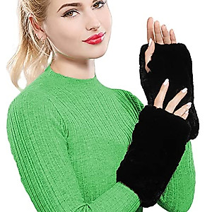Lupidyyxun Real Rabbit Fur Gloves for Women Winter Furry Gloves Mittens Gloves Knitted Fingerless Gloves (Black)