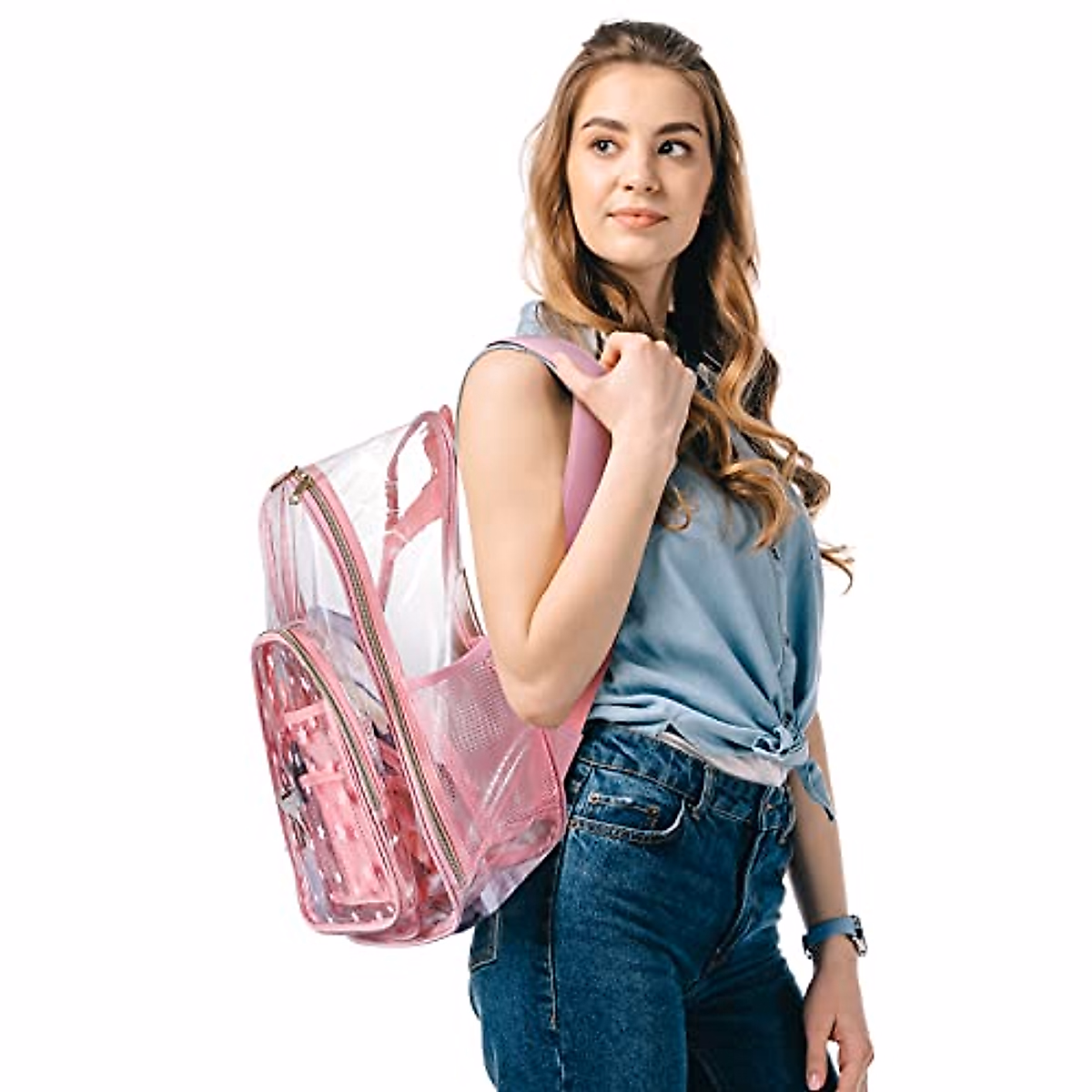 Feolaviy Clear Backpack Stadium Approved Backpack for Girls 3 Clear Stadium Backpack Set Heavy Duty Transparent Bookbag See Through PVC School Bag Transparent Backpack