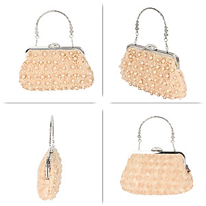 Women Mini False Pearls Evening Handbag Clutch Metal Top-handle Bag Chain Strap Cross-body Bag