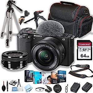 Sony ZV-E10 Mirrorless Camera with 16-50mm Lens + 64GB Memory + Case+ Steady Grip Pod + Tripod+ Software Pack + More (30pc Bundle)