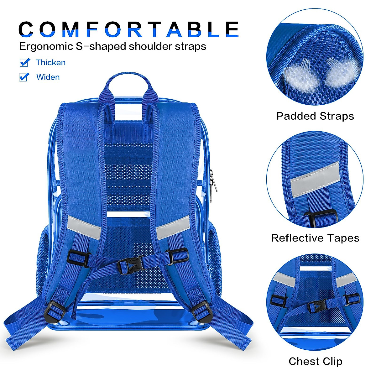 GEAMSAM Clear Backpack Heavy Duty Large Transparent Backpack with Reinforced Bottom Multi-pockets for College, Travel, Workplace Security - Blue