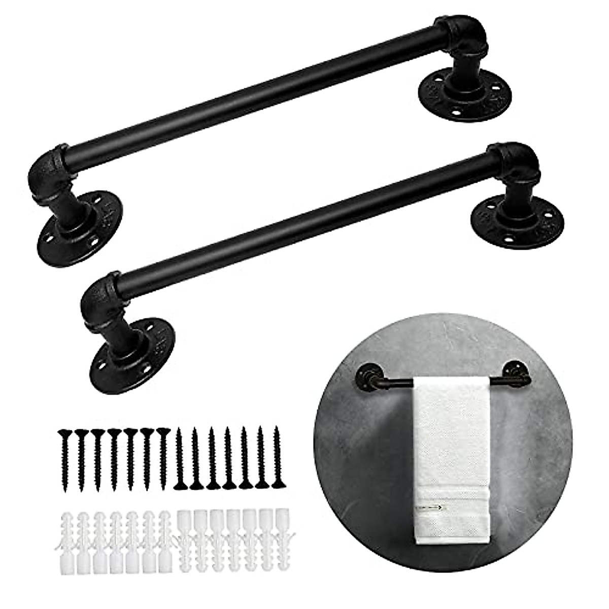 Industrial Steel Pipe Towel Rack Holder,Wall Mounted Heavy Duty Towel Bar, Matte Black Finish Hand Towel Rod for Bathroom(2 Pack) (12inch)