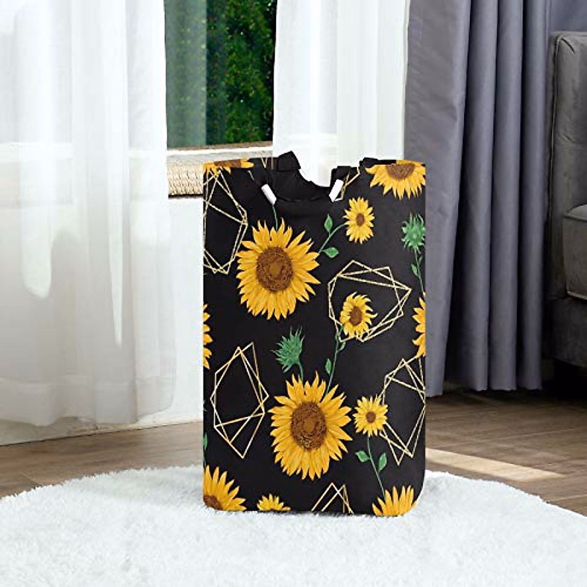 SUABO Laundry Basket Geometric Sunflowers Collapsible Laundry Hamper Bucket with Handles for Travel Shopping Bathroom College
