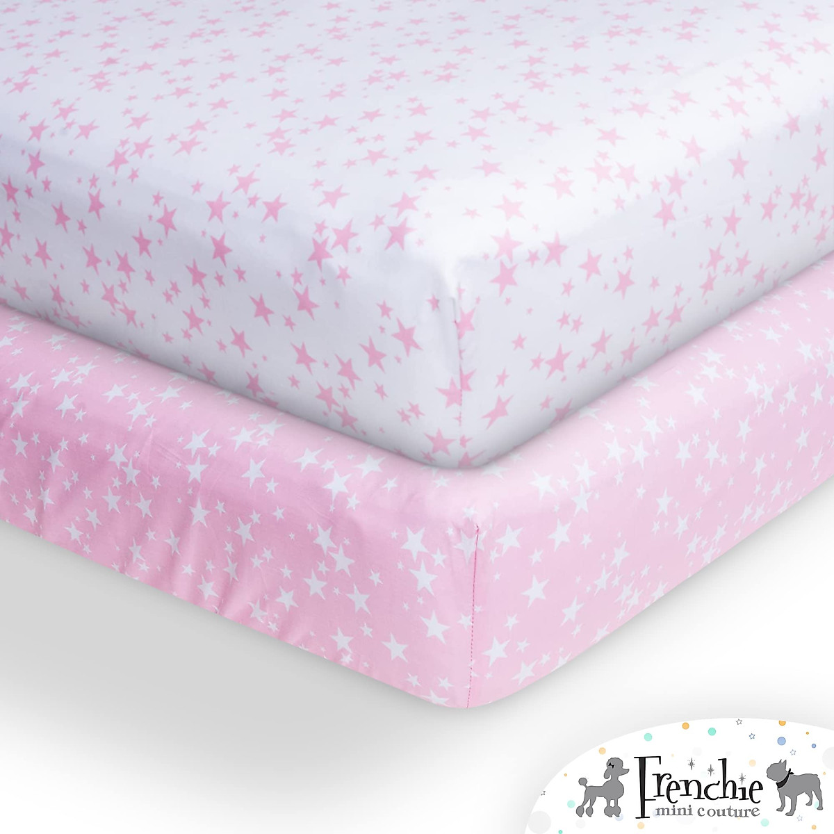 Frenchie Mini Couture Fitted Crib Sheets 100% Woven Cotton Fits Toddler Mattress, Pink Stars, 28 x 52inx8in, 2-Pack