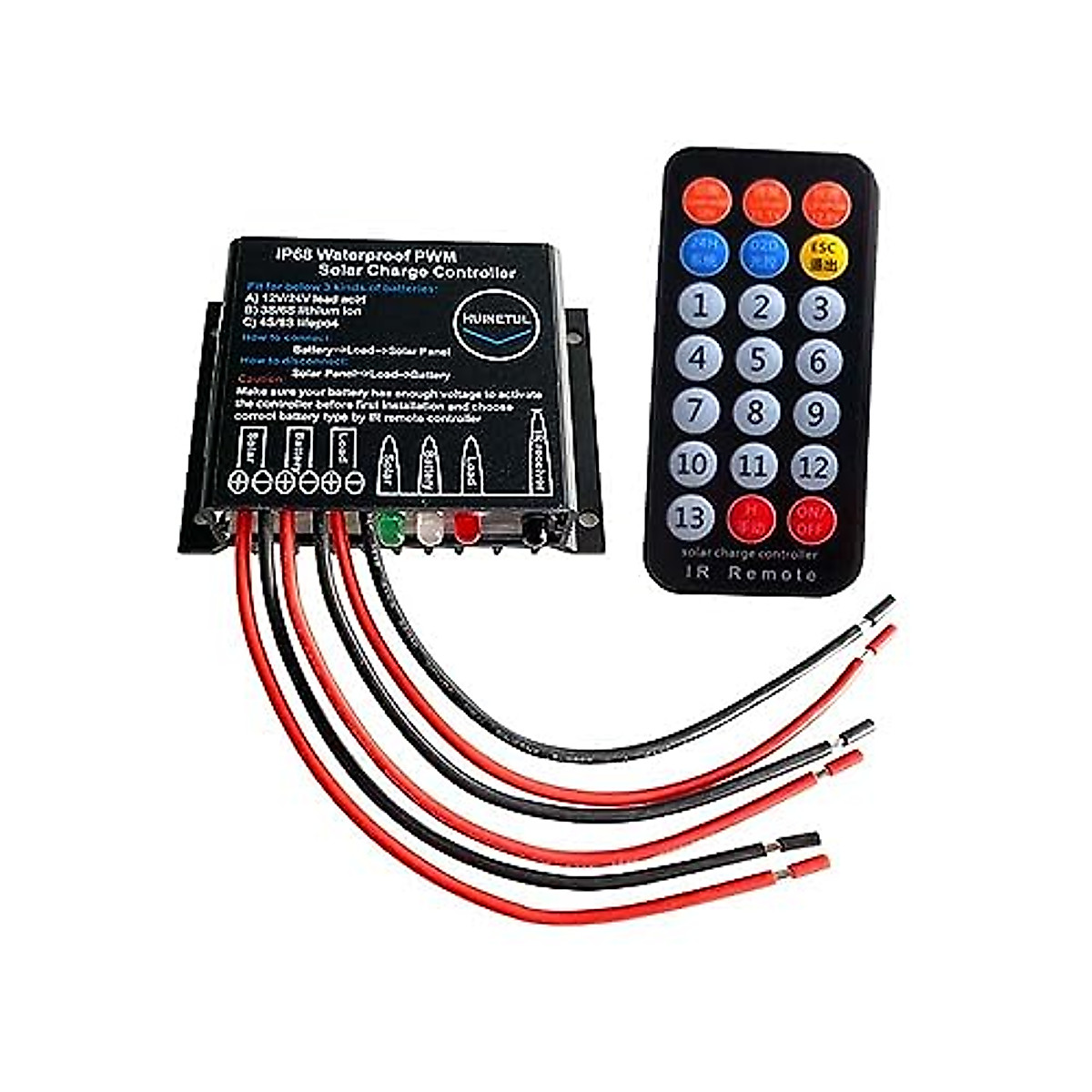 HUINETUL 10A IP68 Waterproof Solar Charge Controller Lithium Ion Lifepo4 Lead Acid Battery 12V 24V PWM Charge Controller with IR Remote Control for 24hrs Dust to Dawn Timer