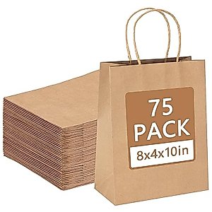 Moretoes 75pcs Paper Bags with Handles, 8x4x10 Inch Medium Sizes Gift Bags Bulk, Brown Paper Bags for Small Business, Shopping Bags, Retail Bags, Party Bags, Favor Bags