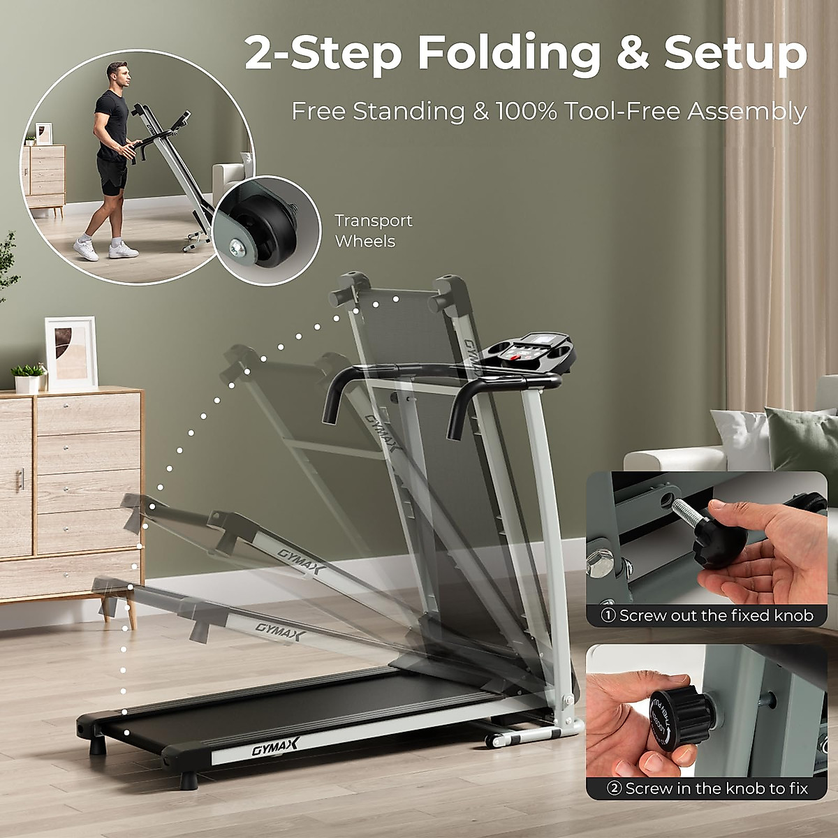GYMAX Foldable Treadmill, Freestanding Easy Assembly Folding Treadmill with 12 Preset Programs, LCD Monitor, Built-in Wheels & Pulse Sensor, Portable Compact Running Machine for Small Space (Black)