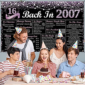 Vlipoeasn Sweet 16 Birthday Decorations for Girls, Purple and Black Glitter Back in 2007 Birthday Backdrop Banner, 70.86 x 43.3Inch Pink 16 Years Old Party Poster Supplies