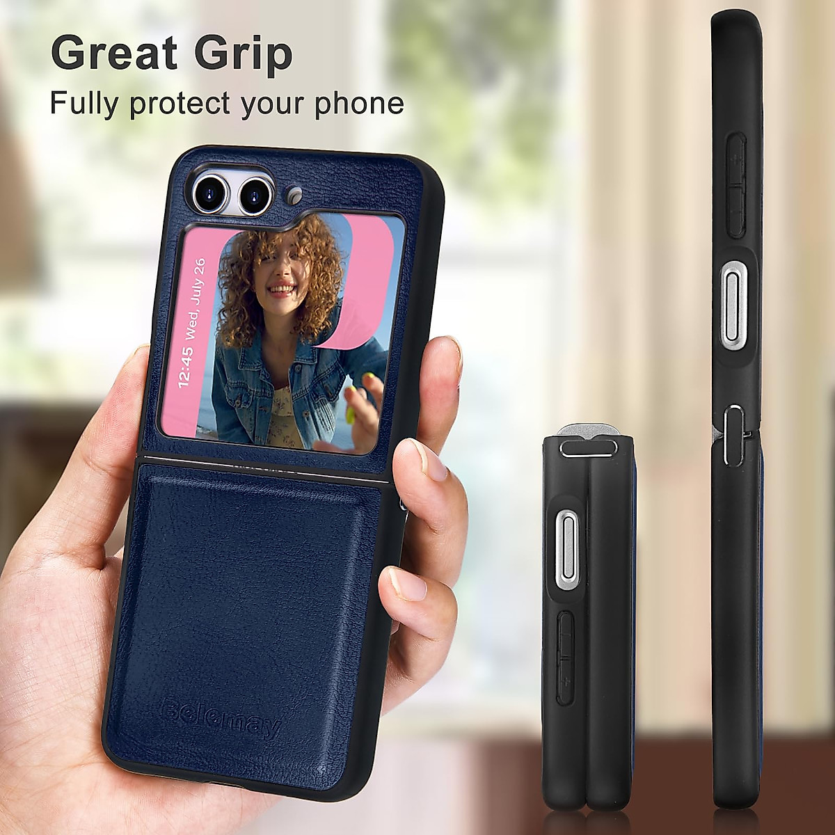 Belemay for Samsung Galaxy Z Flip 5 Case-Genuine Leather+Soft TPU Bumper-Protective Slim Fit-Shockproof Thin Samsung Z Flip5 Phone Cover Compatible with Samsung Galaxy Z Flip 5 (5G 2023)-Navy Blue