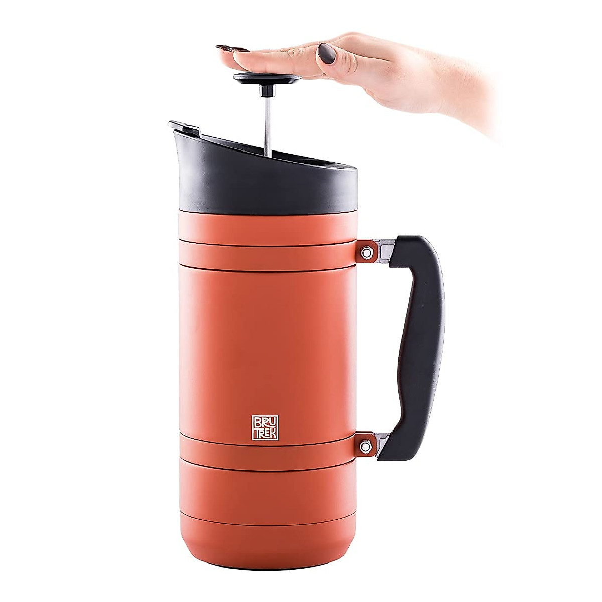 BruTrek BaseCamp Coffee Press - Double Wall Insulated Stainless Steel - Bru-Stop Technology, No Grounds in Coffee, No Spill Lid (Red Rock, 48 fl.oz)