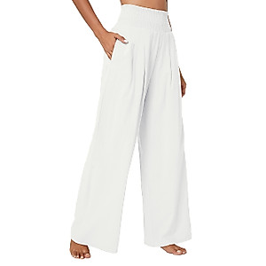 Urban CoCo Women's Elastic High Waist Light Weight Loose Casual Wide Leg Trousers Long Pants with Pocket (XL, White)