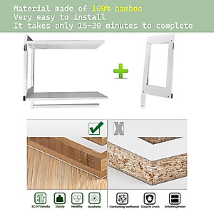 ADREMAN Bathroom Shelf Wall, Over The Toilet Storage Shelves Bamboo Bathroom Shelf Organizer Floating Wall Mounted with Hook and Hanging Rod for Bathroom,Kitchen,Toilet,Living Room (White)
