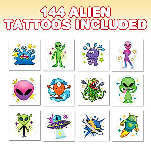 ArtCreativity Alien Temporary Tattoos for Kids, Pack of 144, Funny Extraterrestrial Tattoos, Outer Space Birthday Party Favors, Goodie Bag Fillers, Non-Candy Halloween Treats, 12 Assorted Designs