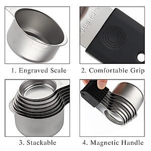 Magnetic Measuring Cups and Spoons Set Including 7 Stainless Steel Stackable Measuring Cup 8 Double Sided Magnetic Measuring Spoons with 1 Leveler for Dry and Liquid Ingredients (black)