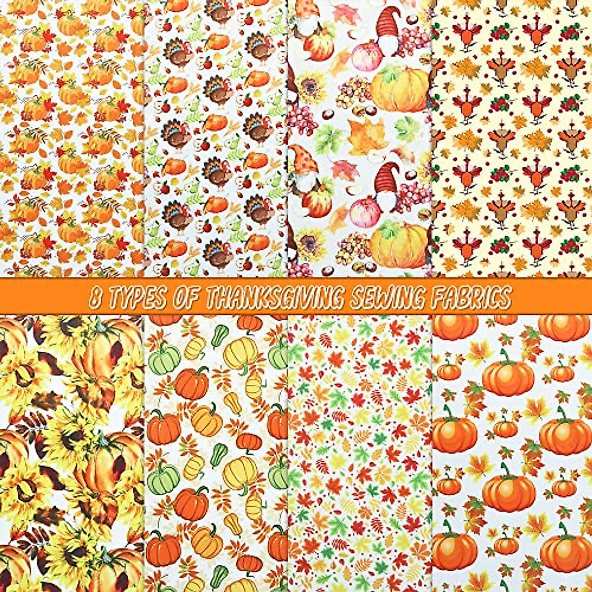 Pack of 8 Thanksgiving Fat Squares Fabric Sheets Bundles, 20" x 20", Assorted Fall Autumn Harvest Theme Patterns Include Maple Pumpkin Turkey Sunflower for Party Supplies Decor DIY Sewing Quilting