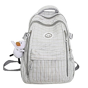 Qyrno Plaid Backpack Kawaii Backpack with Cute Accessories Cute Backpack Aesthetic Backpack DIY Backpack (5-Grey)