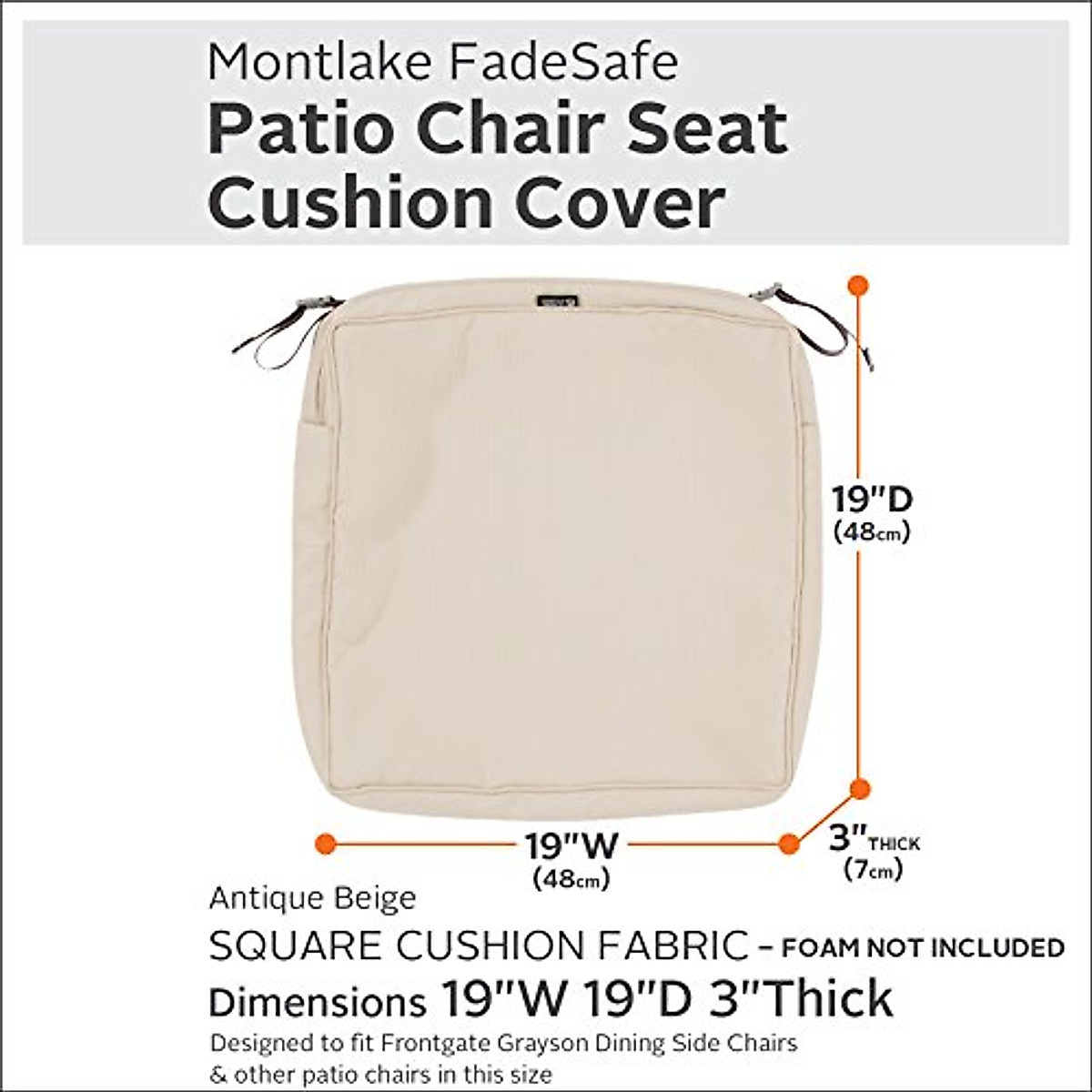 Classic Accessories Montlake FadeSafe Water-Resistant 19 x 19 x 3 Inch Square Outdoor Seat Cushion Slip Cover, Patio Furniture Chair Cushion Cover, Antique Beige, Patio Furniture Cushion Covers
