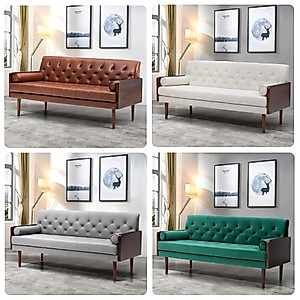 PATIOHIT Faux Leather Couch Modern 72" Sofa Couch with 2 Bolster Pillows Mid Century Modern Upholstered Loveseat Chair for Living Room Apartment Office(Grey)