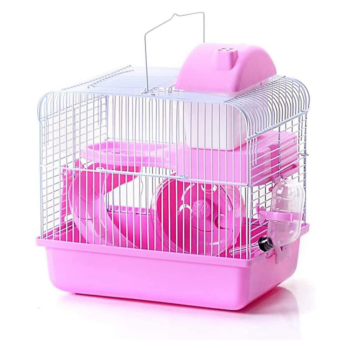Zhang Ku 2-Tier Portable Travel Cage for Small Animals, Dwarf Hamster Travel Carrier with Carry Handle Exercise Wheel Water Bottle and Food Dish, 6.7 x 11.8 x 9.1 Inch (Pink) (SSS441)