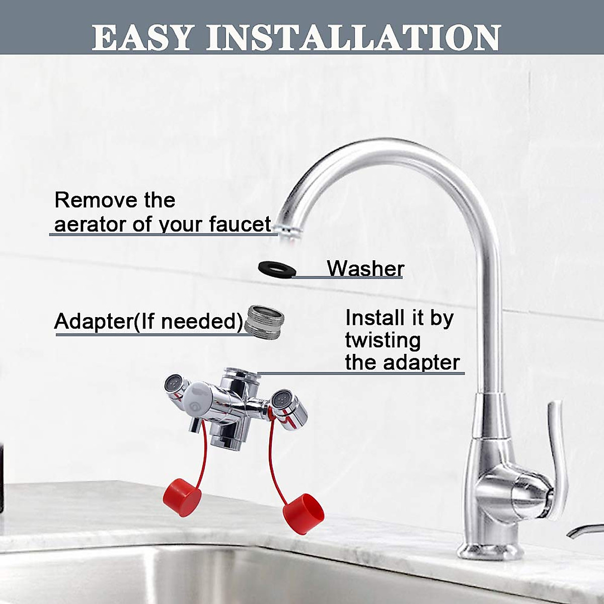 Lunarlipes Faucet Mounted Eyewash Station with Cover, Reliable First AID Emergency Eye Wash Unit for Sink Attachment, for Lab, Factory, Industry Site, Office and Home, Equipped with 4 Adapters