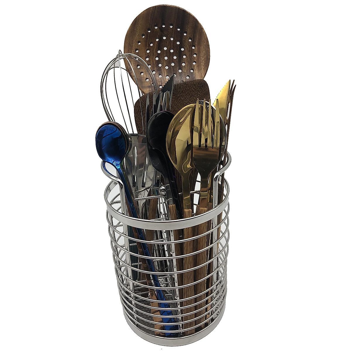 BESSKON Kitchen Utensil Holder for Countertop, 4 Compartment Stainless Steel Cooking Utensils Holder for Spatula, Spoon and Fork, Cutlery Silverware Caddy Party Picnic Flatware Holder 4.1" x 6.2"