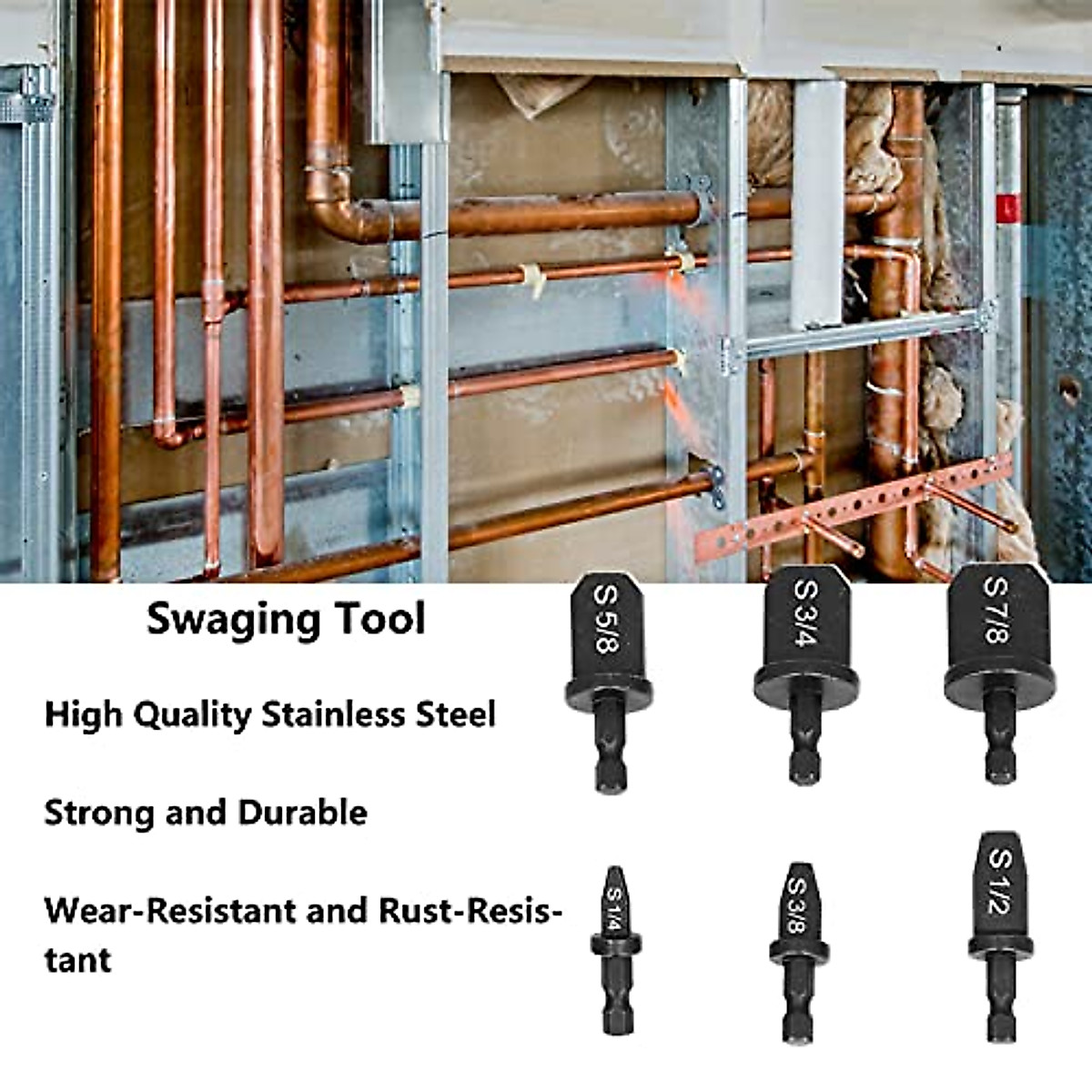 Hilitand 6Pcs Swaging Tool Drill Bits Set, Professional Manual Copper Pipe Swage Tool Drill Bits Triangular Handle, HVAC Repairing Set 7/8'', 3/4'', 5/8'', 1/2'', 3/8'', 1/4'' Bits