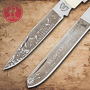 KISSING CRANE Pocket Knife for Men | Dual Stainless Steel Blades | Folding Knife with Scaled Handle | Laser-Etched Artwork of Legendary M1911 | Limited Edition Trapper Knife