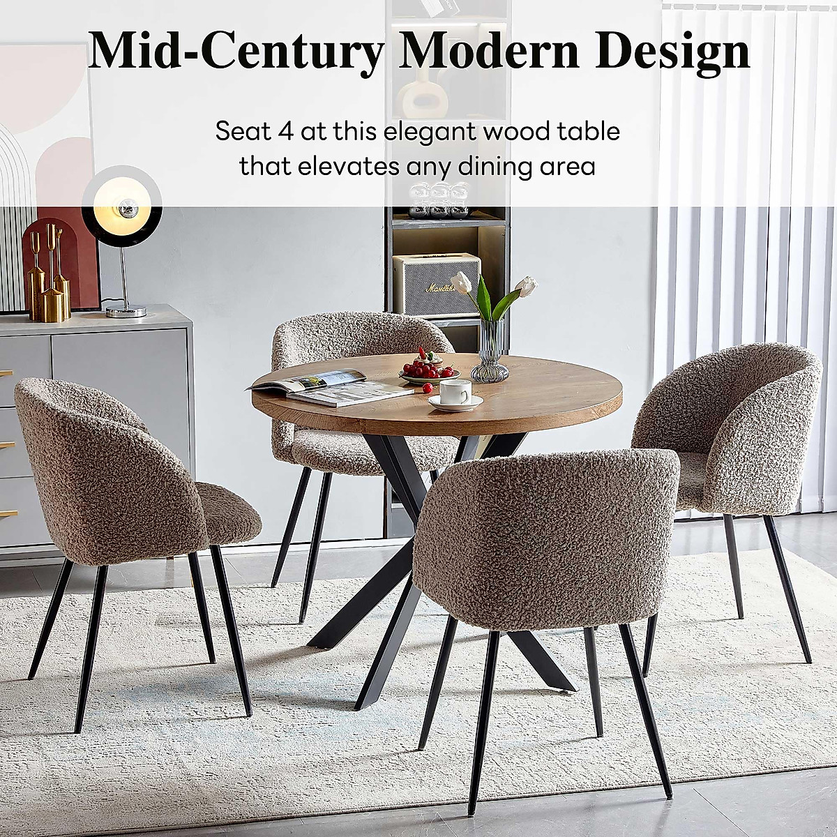 NORDICANA 5 Pieces 37-Inch Round Dining Table and Upholstered Chairs for Four Person, MDF Table-top, Light Brown Fuzzy Sherpa Armchairs with Black Metal Leg for Kitchen, Reception Room