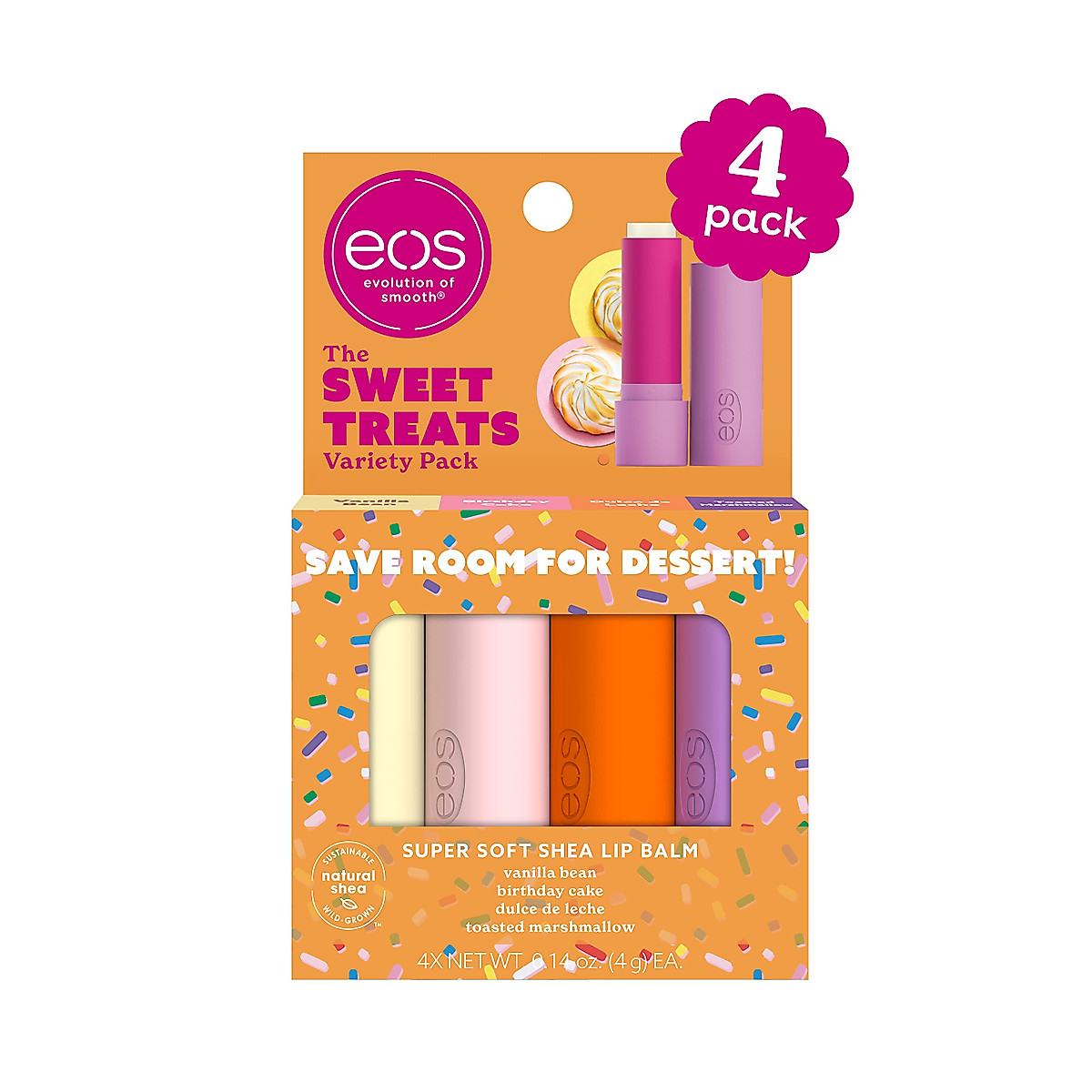 eos Super Soft Shea Lip Balm Sticks - Sweet Treats Variety Pack | Lip Moisturizer | 4 Lip Balms, Marshmallow