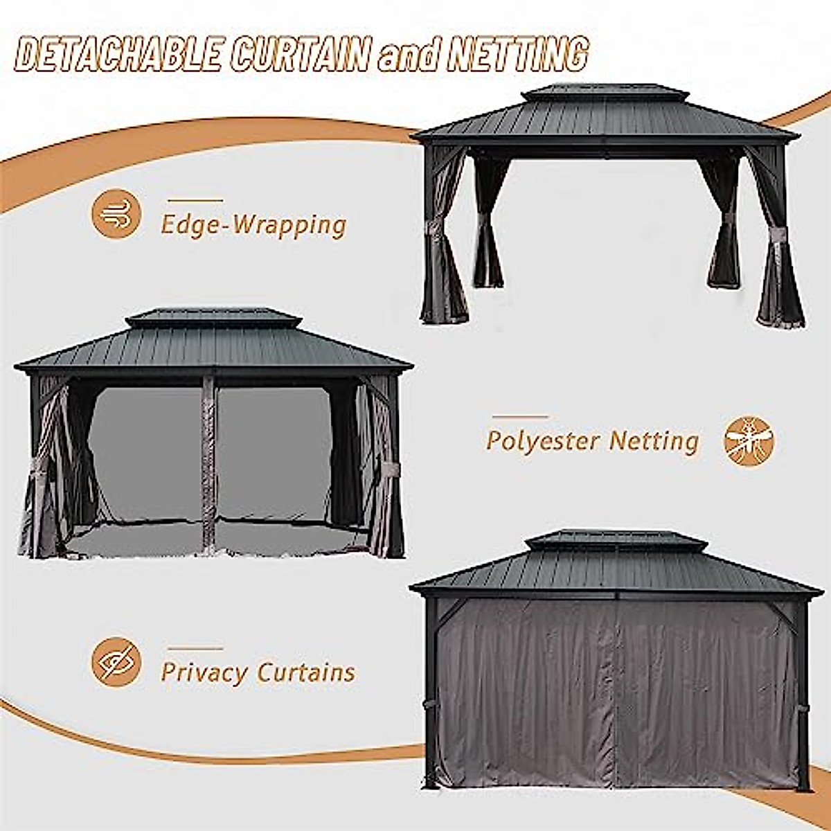 Evedy Gazebo 10x12, Hardtop Gazebo, Outdoor Aluminum Gazebos Grill with Galvanized Steel Double Canopy, Netting and Curtains Included, Metal Outdoor Gazebos for Garden, Patios, Lawns, Parties