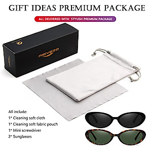 AIEYEZO Retro Oval Sunglasses for Women Fashion Small Oval Frame Sun Glasses 90s Vintage Style Shades (Black + Leopard/Green)