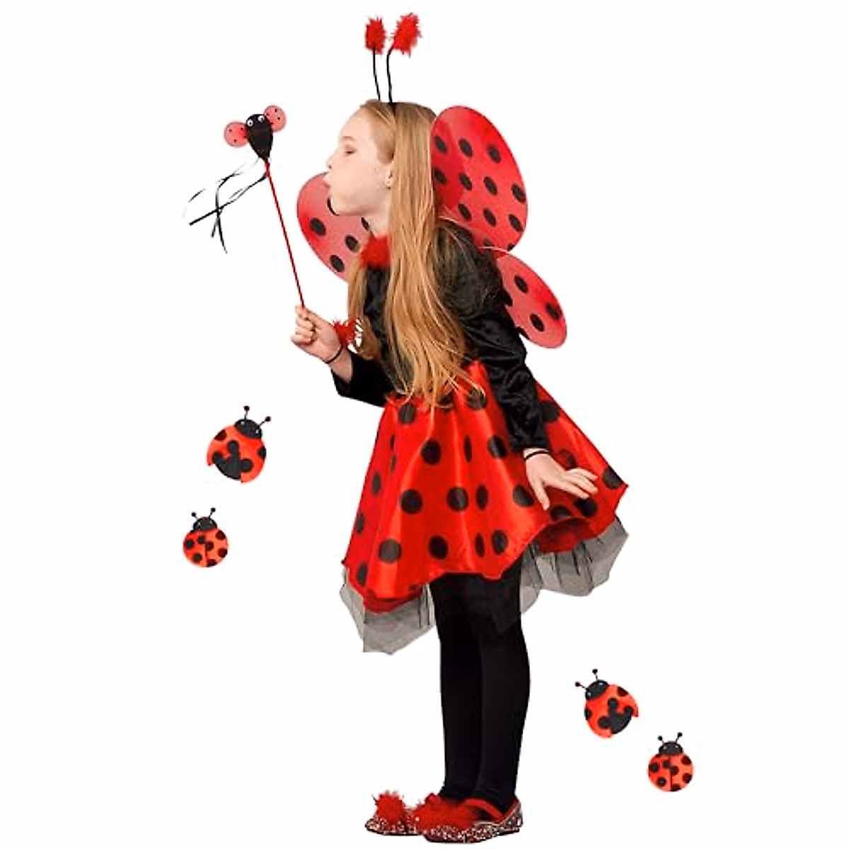 IKALI Girls Ladybug Costume, Halloween Deluxe Animal Fancy Dress Outfit with Wings (10pcs Set) 4-6Y