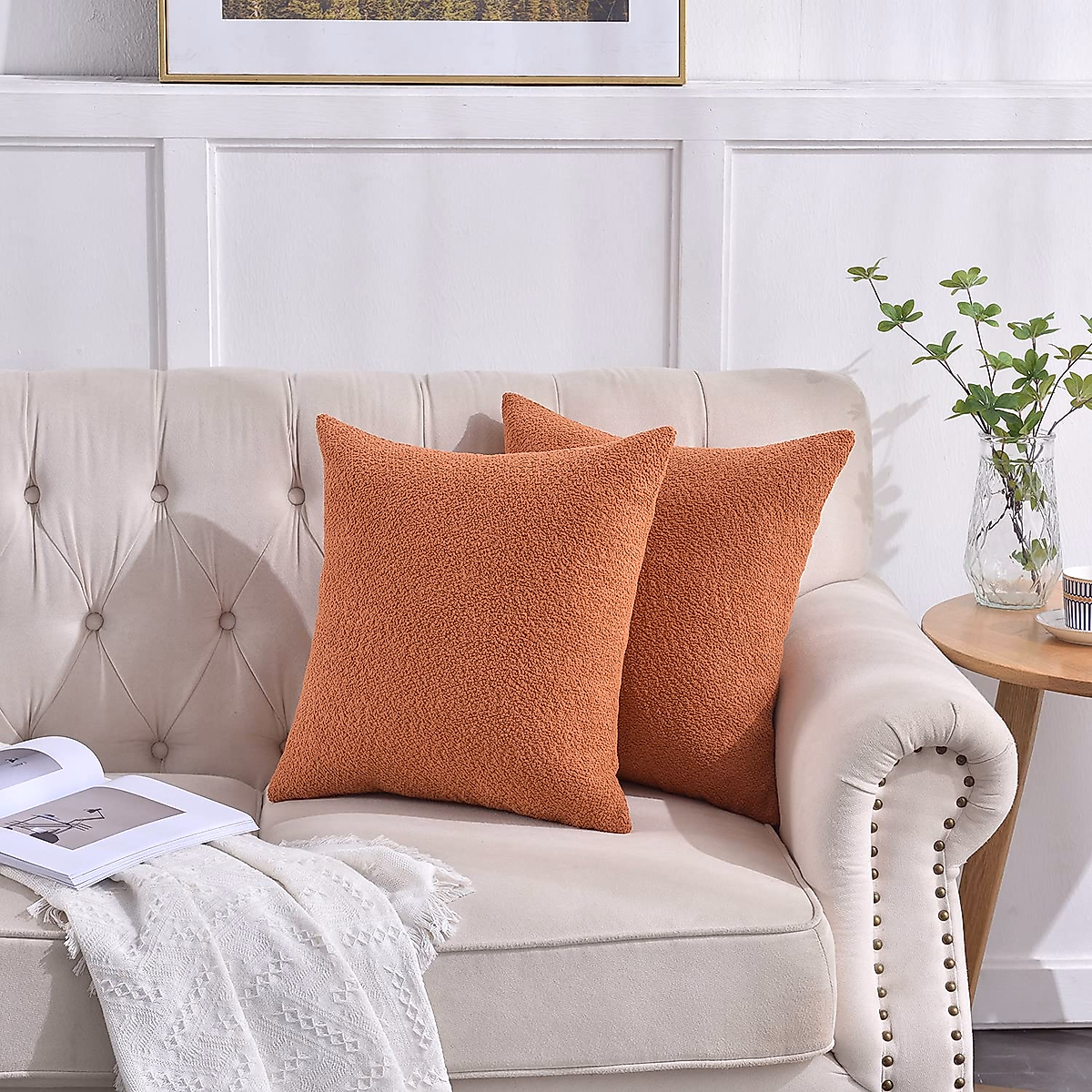 Rythome Set of 2 Cozy Boucle-Like Textured Throw Pillow Covers, Decorative Elegant Accent Pillow Cases for Couch Bed and Living Room - 18"x18", Terracotta