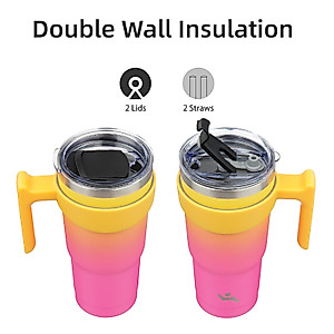 Konokyo 20oz Tumbler with Handle and 2 Straw 2 Lid, Insulated Water Bottle Stainless Steel Vacuum Cup Reusable Travel Mug,Rainbow